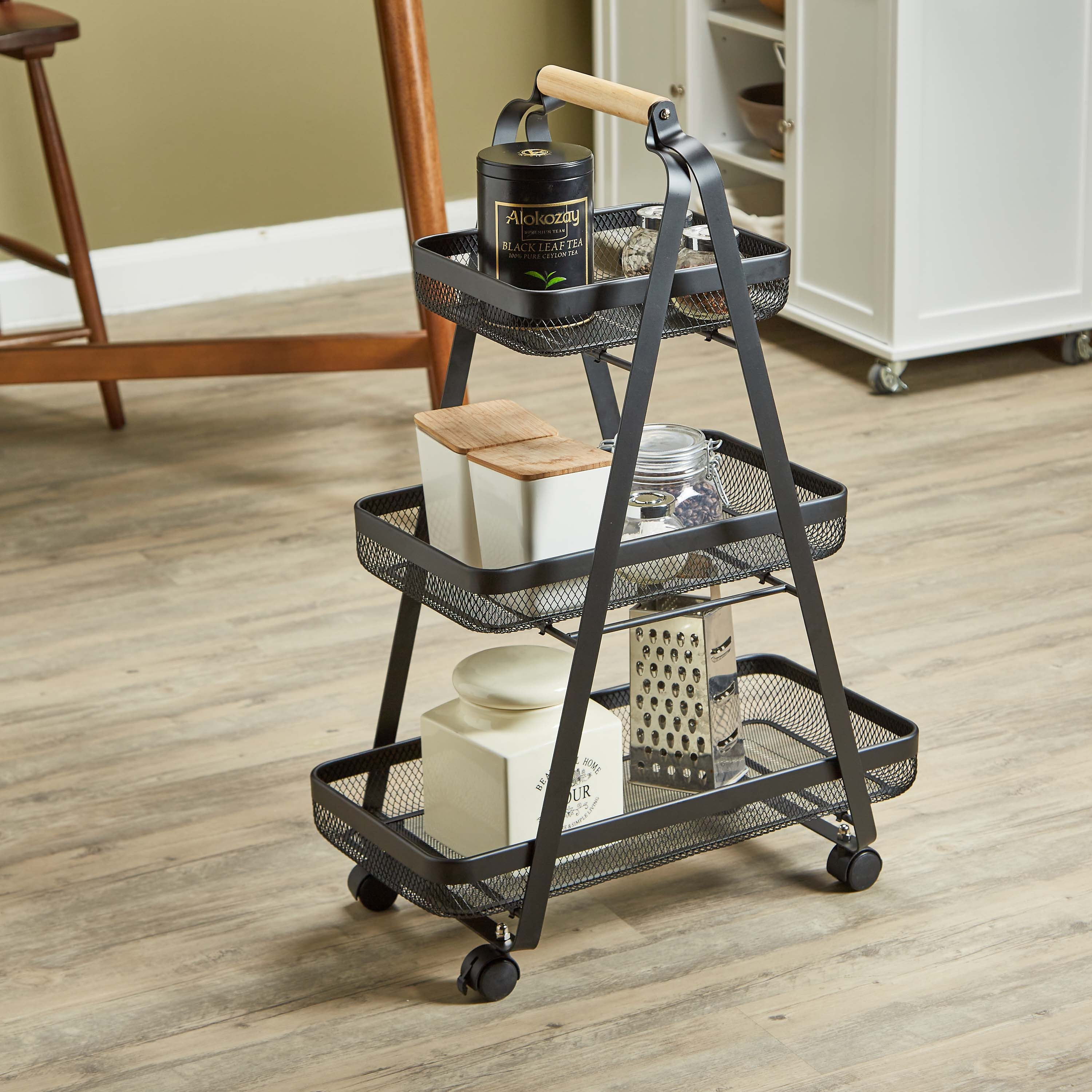 Shop Rustic 3-Tier Trolley with Wooden Handle - 57x31x84 cm ...