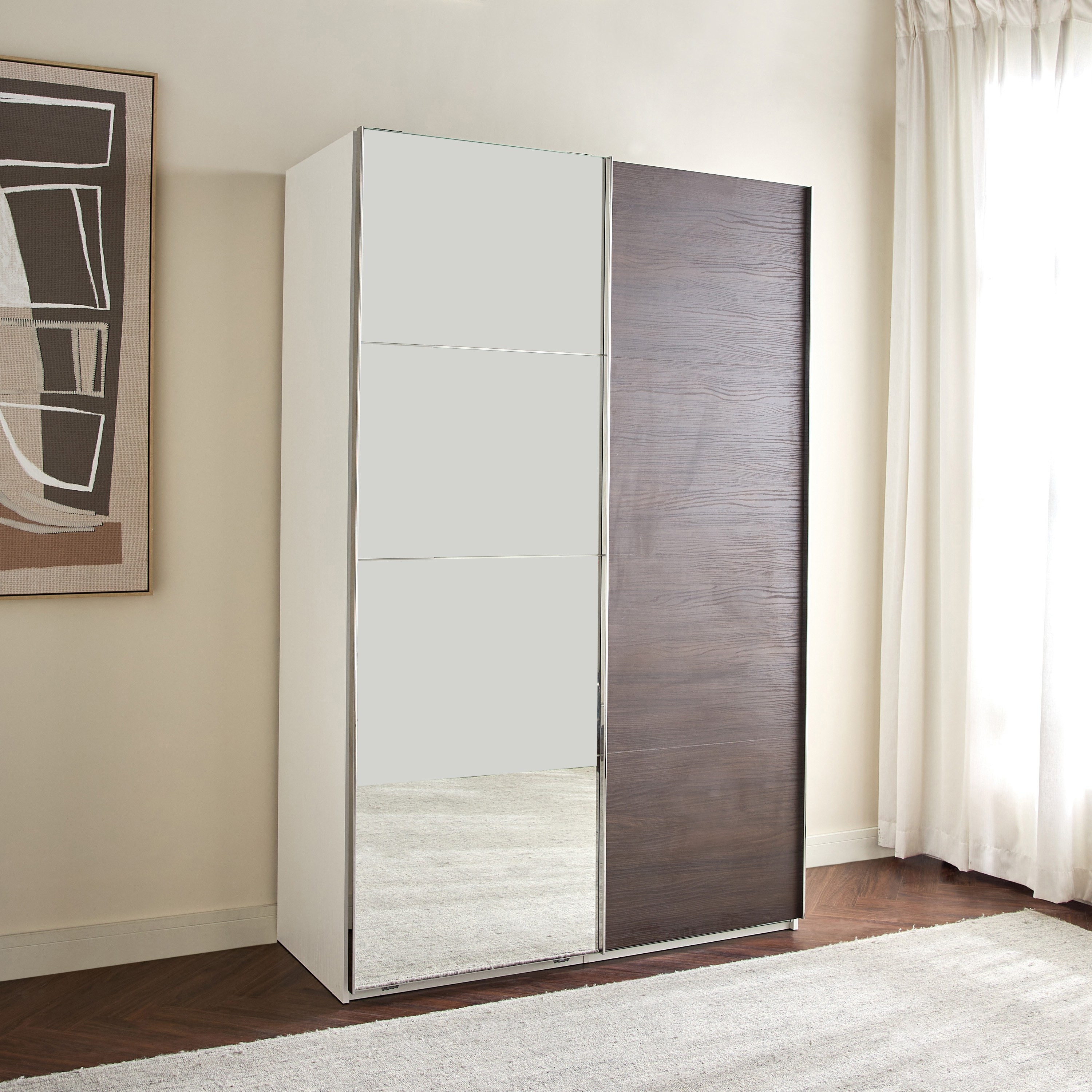 Falcon 2 Door 150cm Sliding Wardrobe with Drawer Dark Oak Mirror